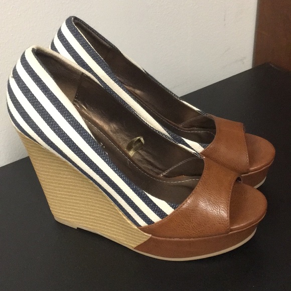 Charming Charlie | Shoes | Charming Charlie Brown Leather Stripe Wedge ...
